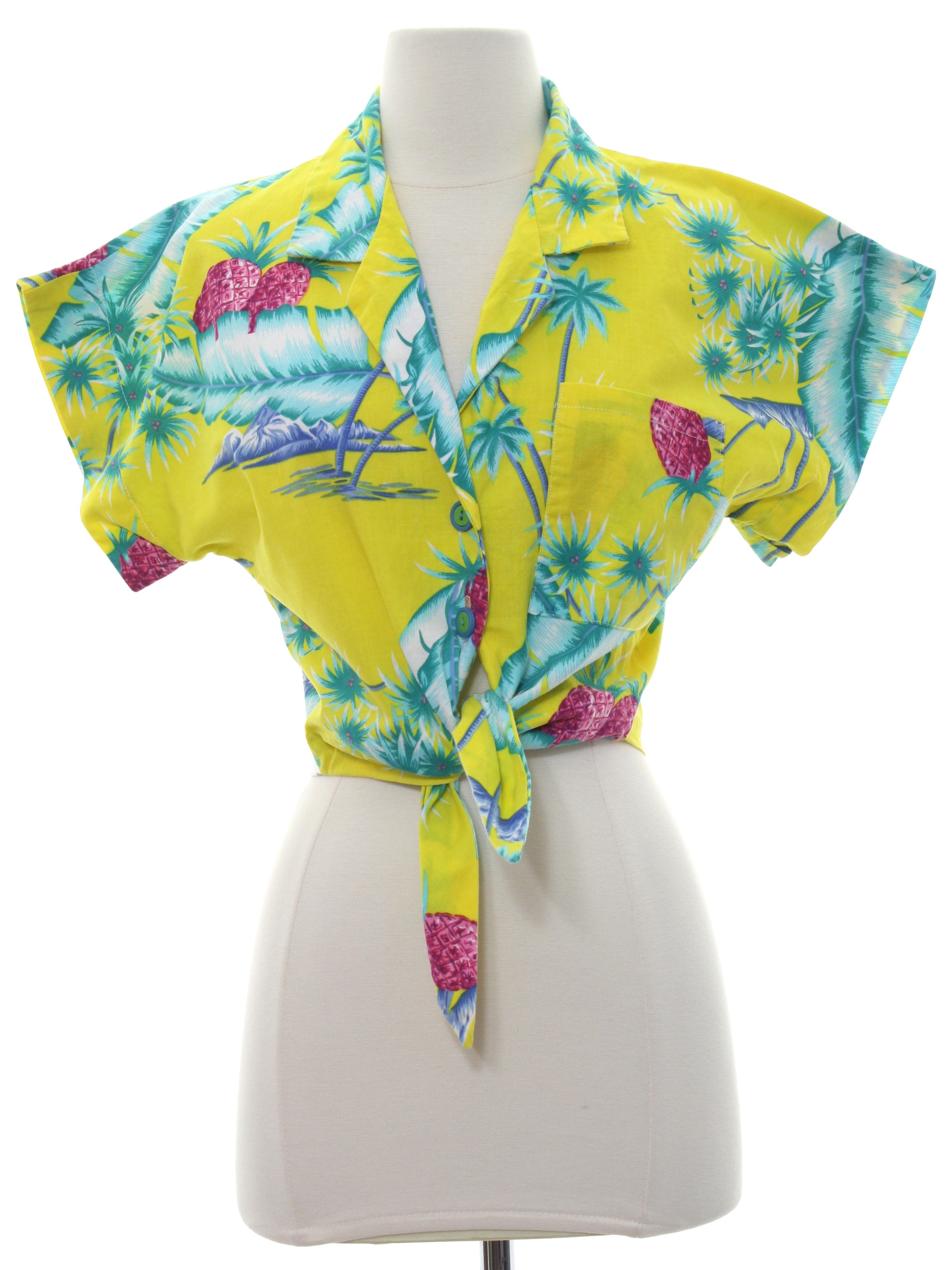 80s Vintage Hawaiian Shirt 80s Missing Label Womens Bright Yellow