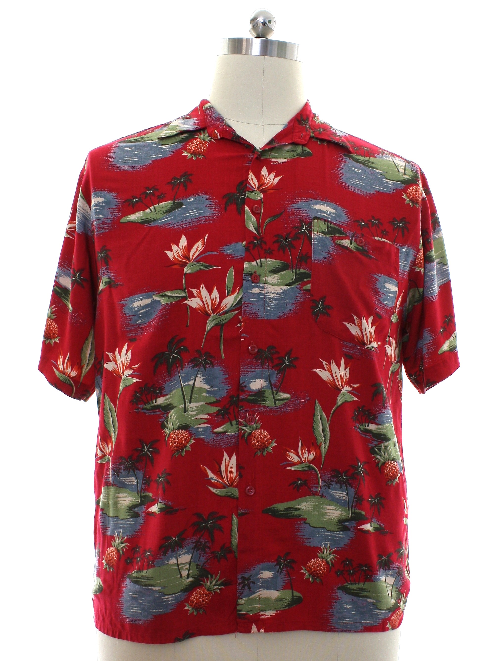 Retro 90s Hawaiian Shirt 90s Puritan Mens Red Background Rayon
