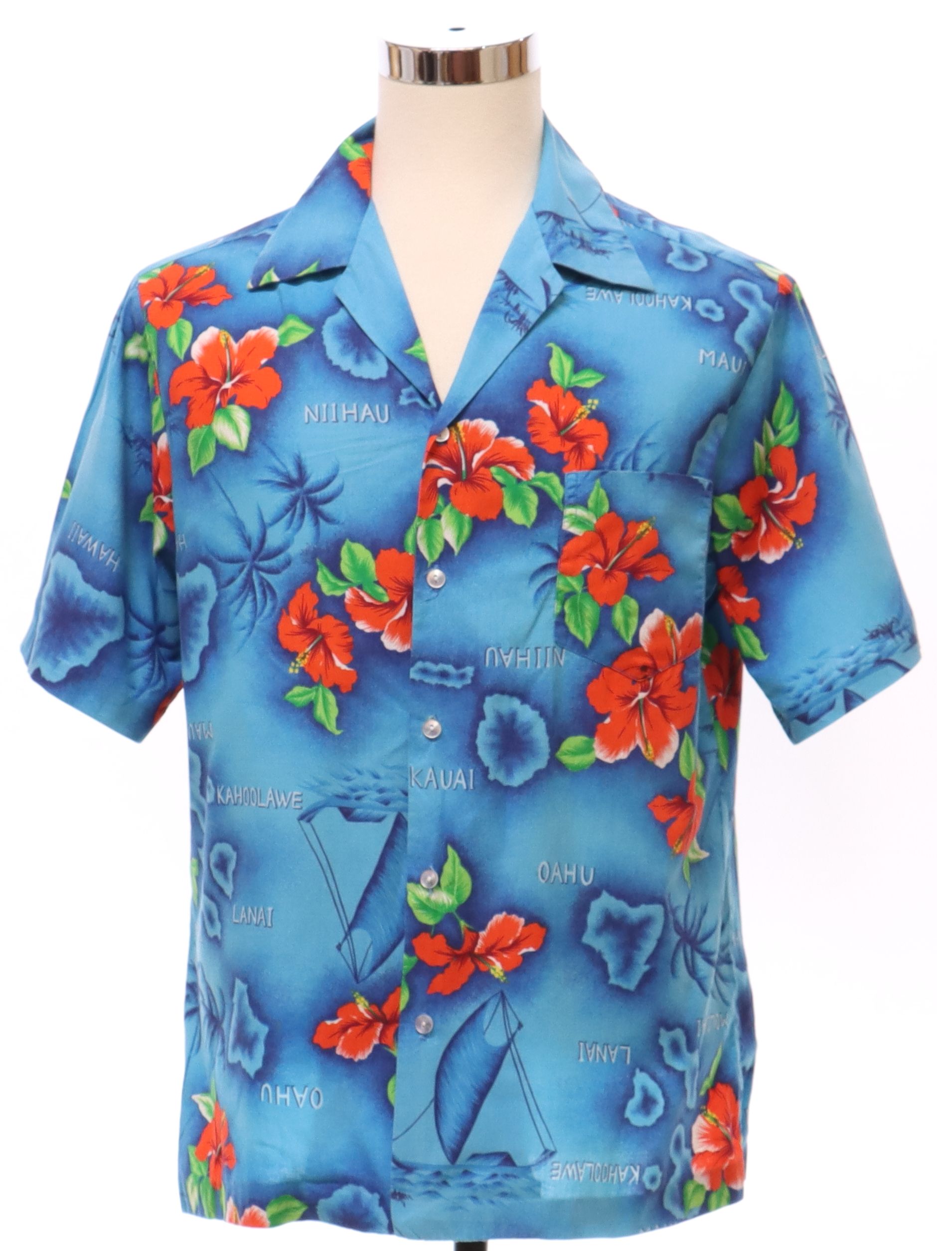 Vintage 1980s Hawaiian Shirt 80s Hilo Hatties Hawaii Mens Turquoise